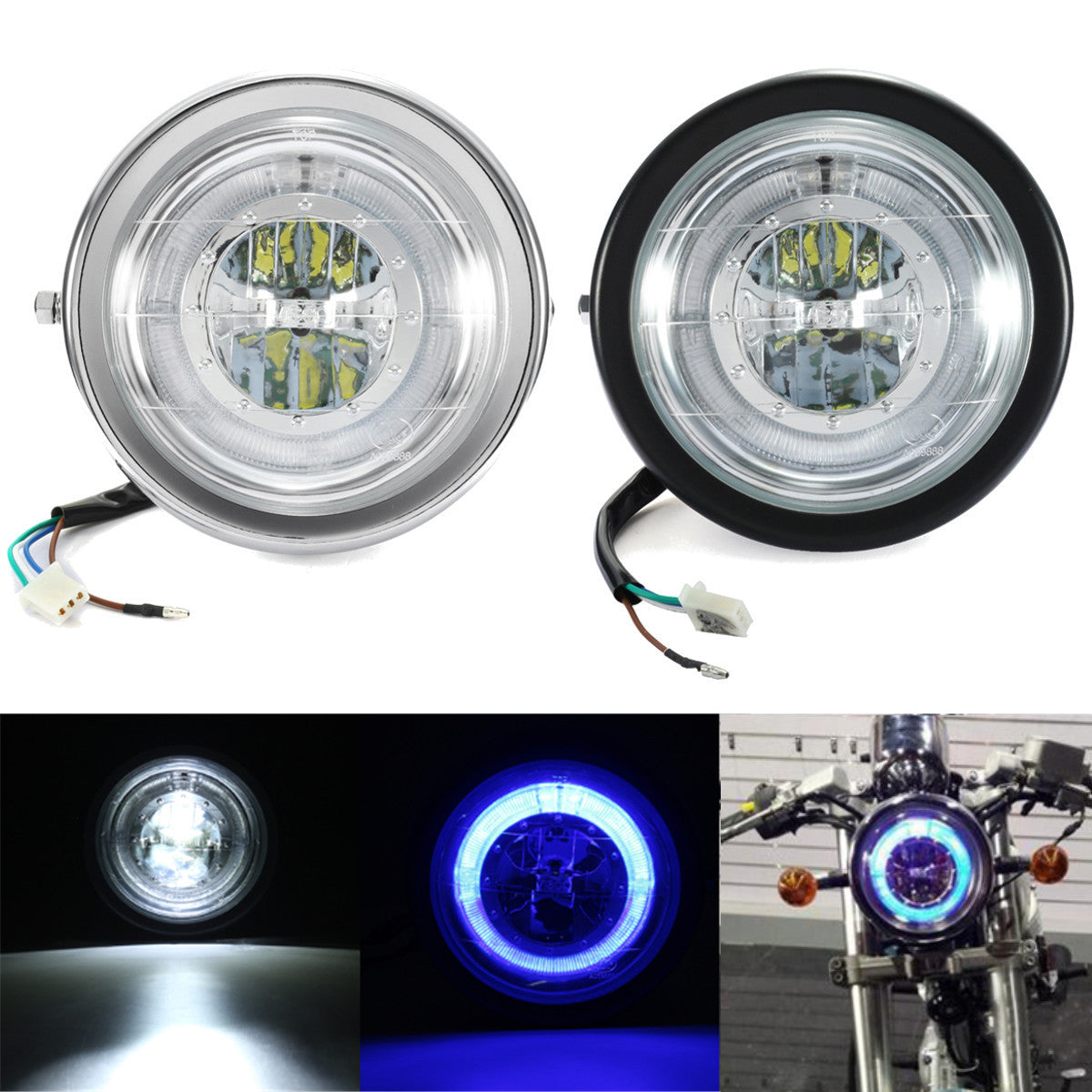 Universal Motorcycle Angel Eye LED Headlight Running Light Hi / Lo Bea ...