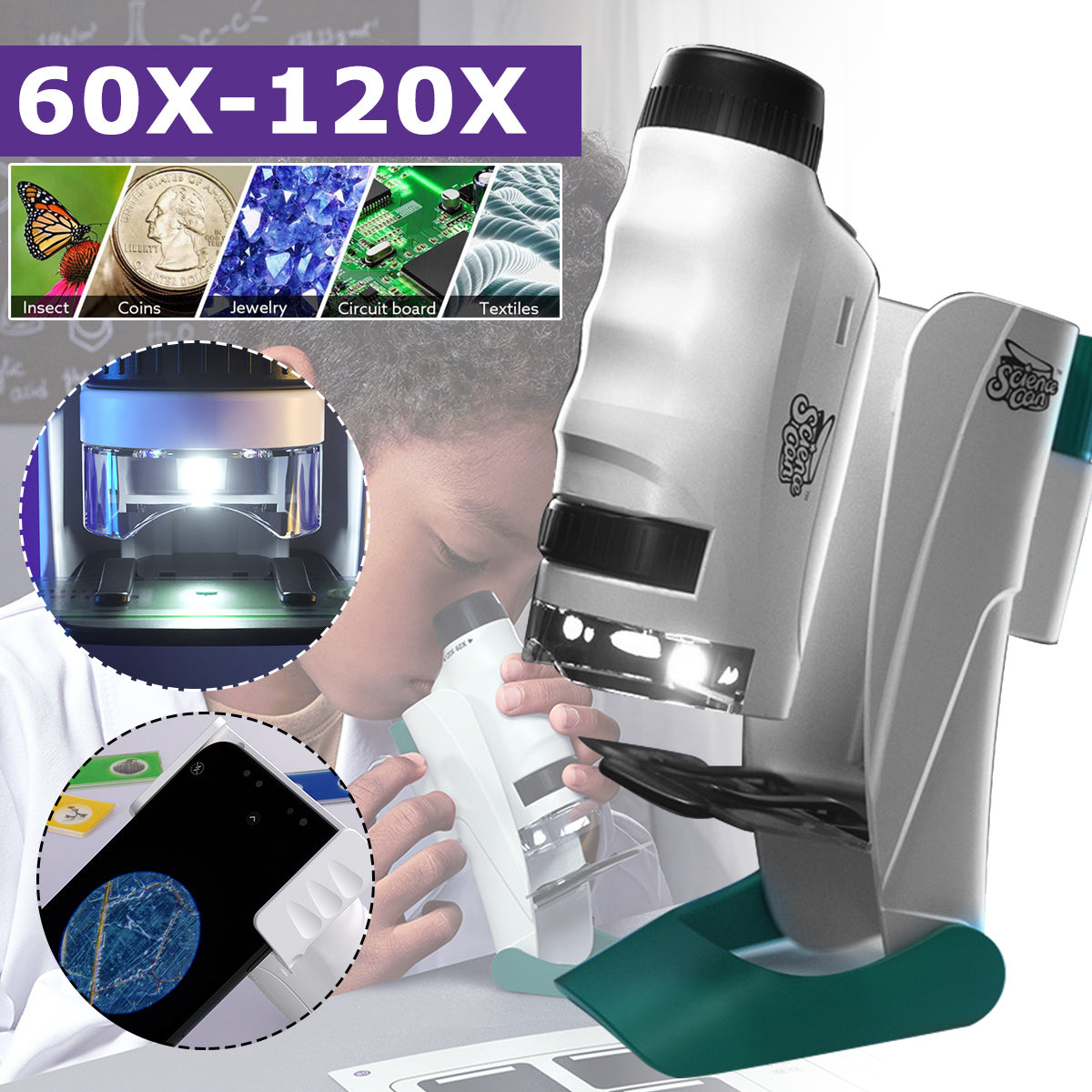 60X-120X Handheld Microscope Magnifier Camera with LEDs and Stand for ...